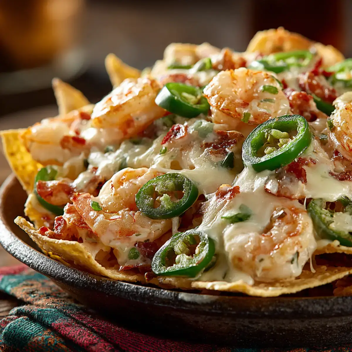 Shrimp and Sausage Nachos Drowned in Creamy Queso and Fresh Jalapeños