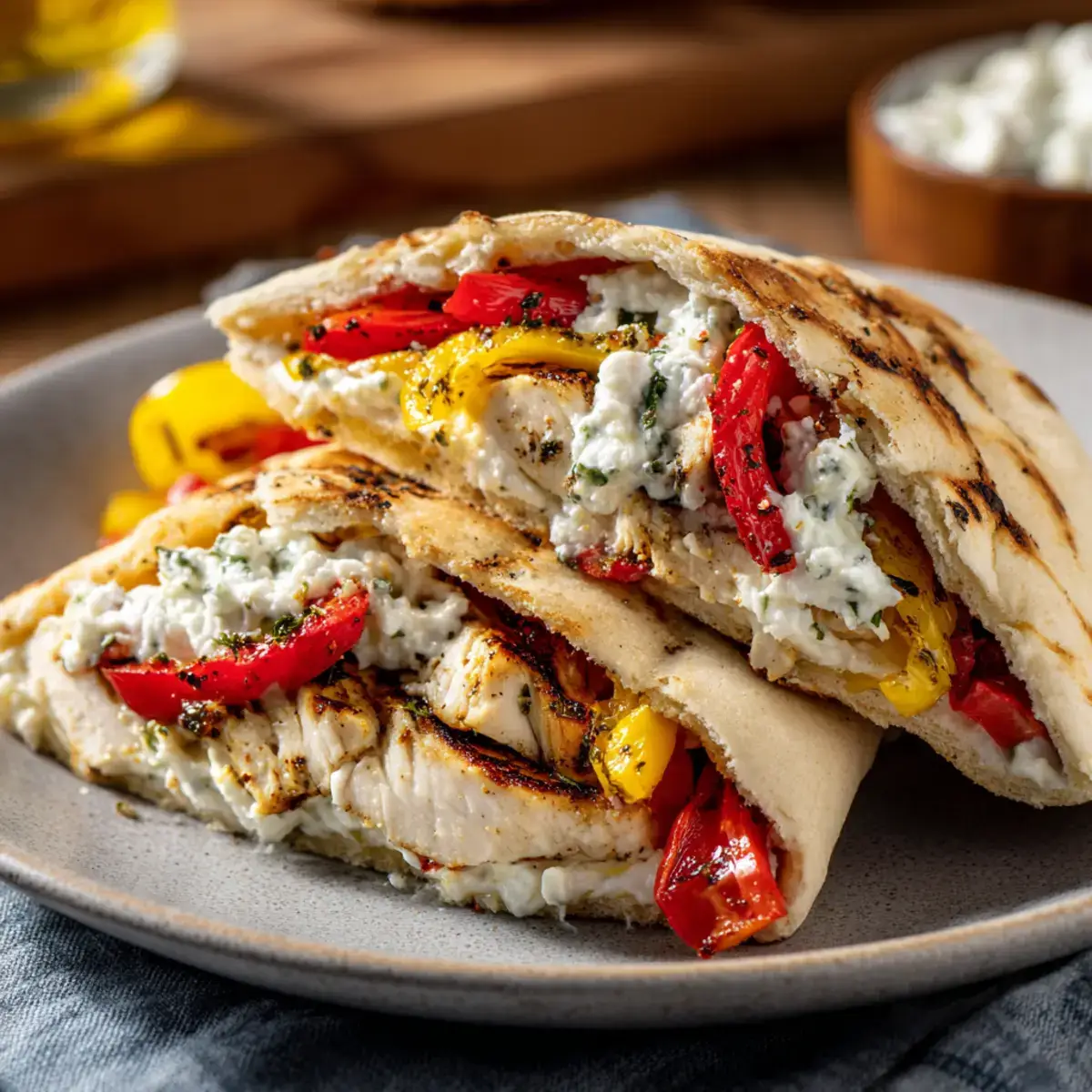 Lemon-Garlic Chicken Pitas with Feta Tzatziki & Roasted Bell Peppers